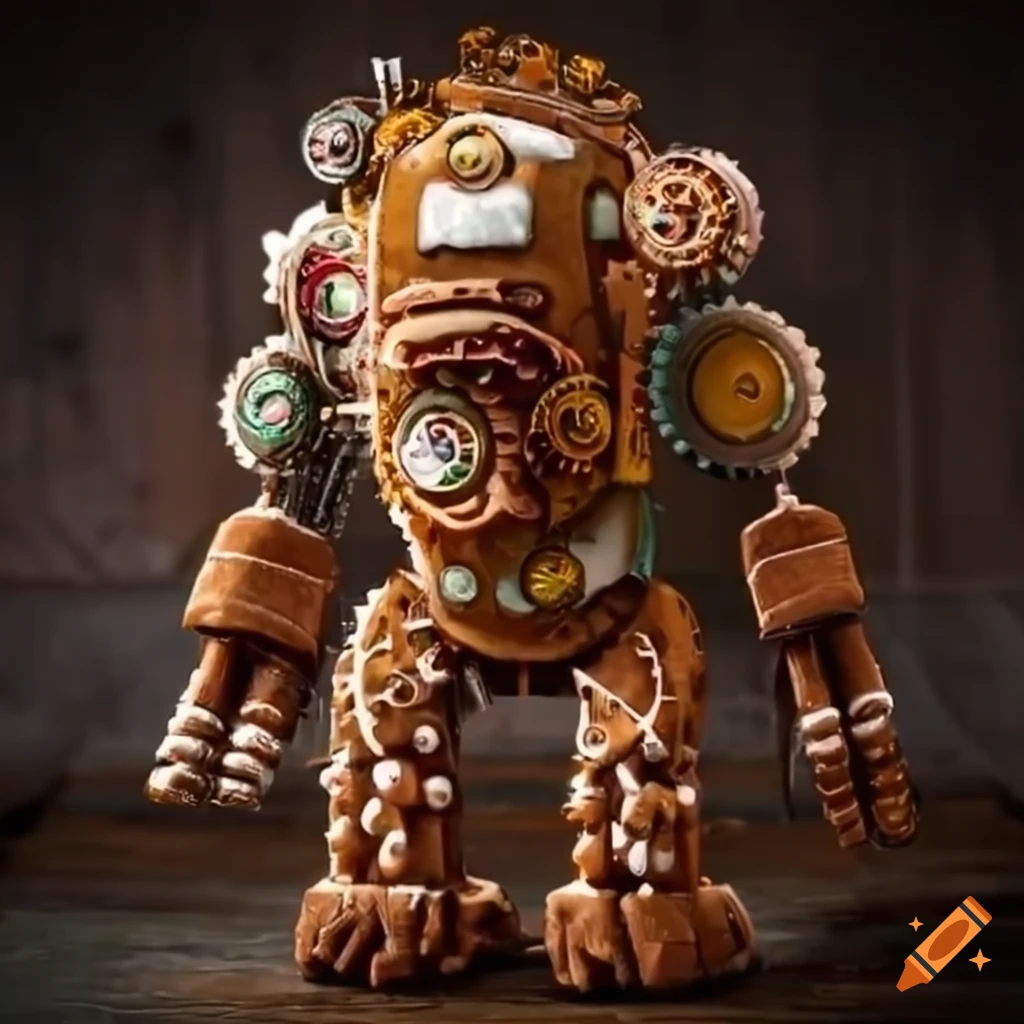 Steampunk robot mech made of candy and gingerbread on Craiyon
