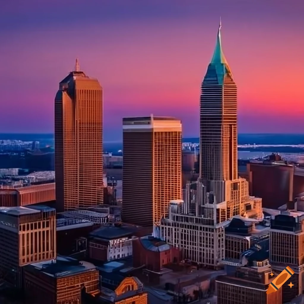 Cleveland, ohio downtown skyline with flats and regal architecture on ...