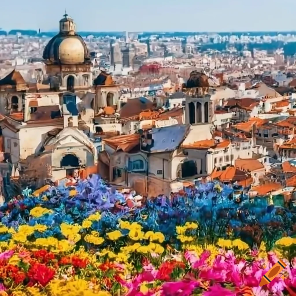 Detailed city in the daytime covered in colorful flowers on Craiyon