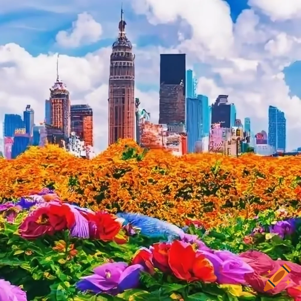 Detailed city covered in flowers in the daytime on Craiyon