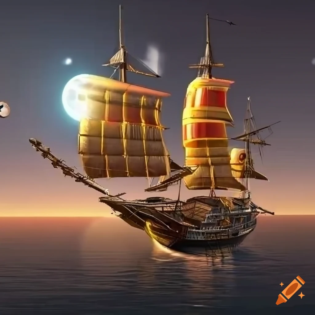 Detailed solar punk sailing vessel with rocket engines flying through ...