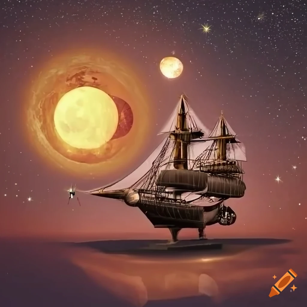 Solar punk sailing vessel with rocket engines flying by stars and ...