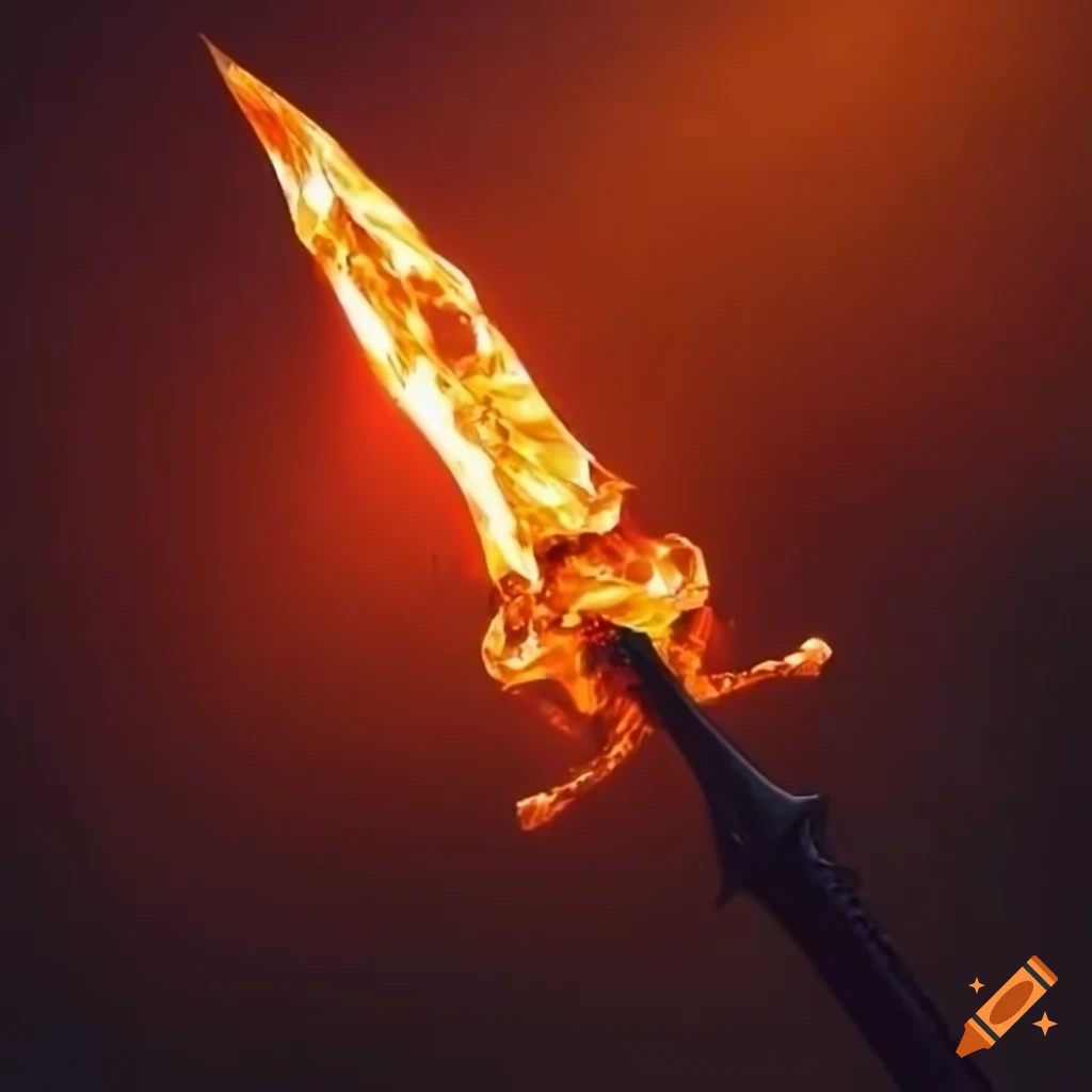 Fiery-orange topaz longsword with flaming blade at sunset on Craiyon