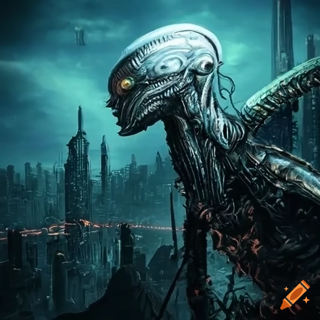 Biomechanical alien robotic city landscape by h.r. giger on Craiyon