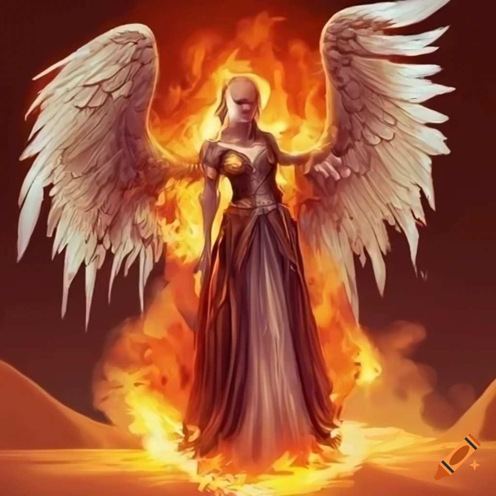 Fire angel in a desert in fantasy art style on Craiyon
