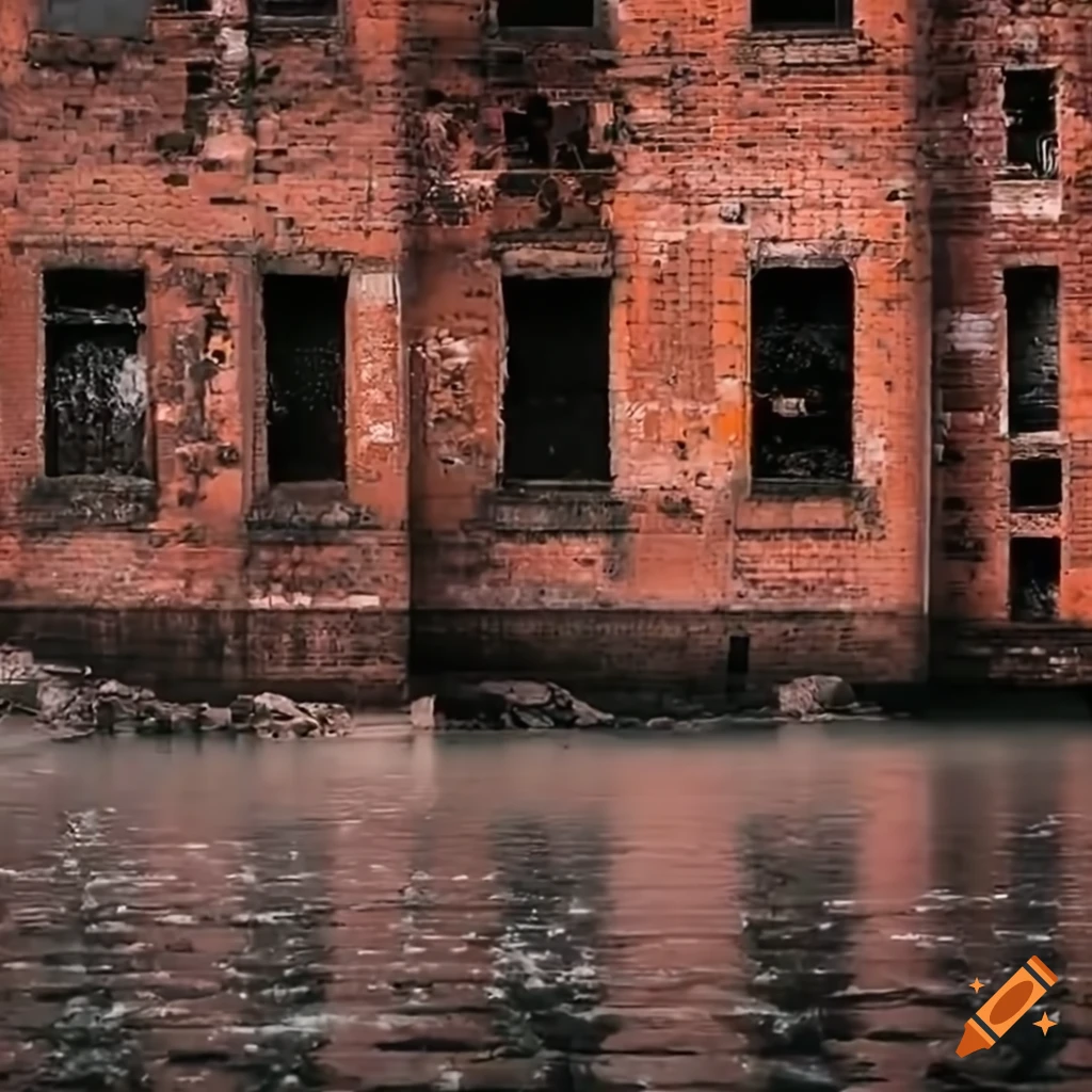 Close-up of abandoned brick buildings sinking into ocean in pale orange ...