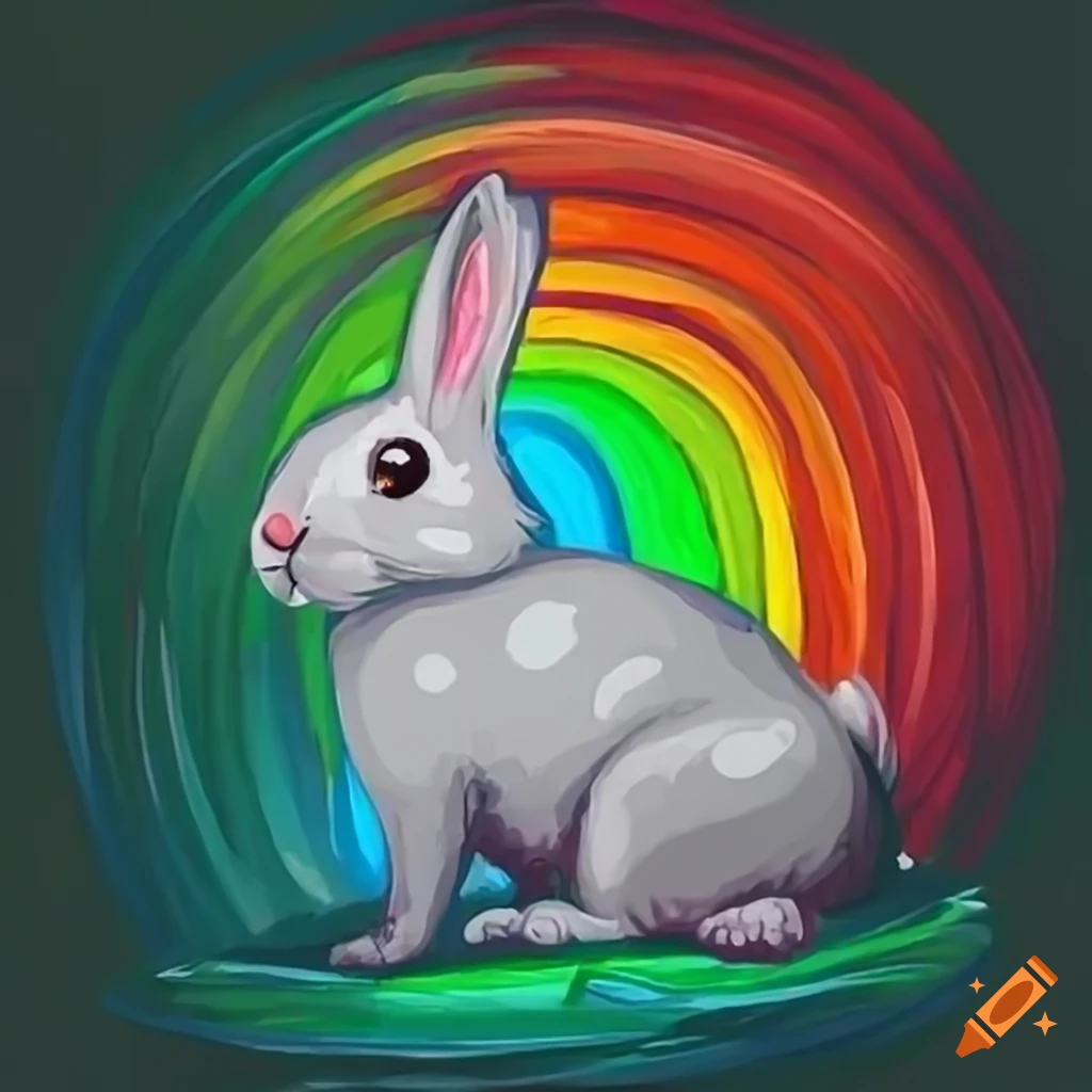 Whimsical picture of a cute bunny on a rainbow path surrounded by ...