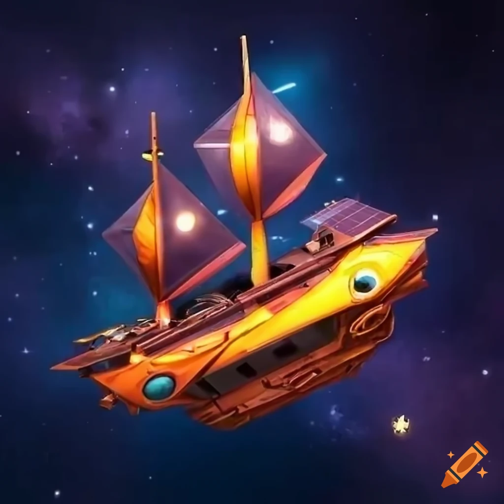 Detailed solar punk ship flying with rocket engines in space on Craiyon