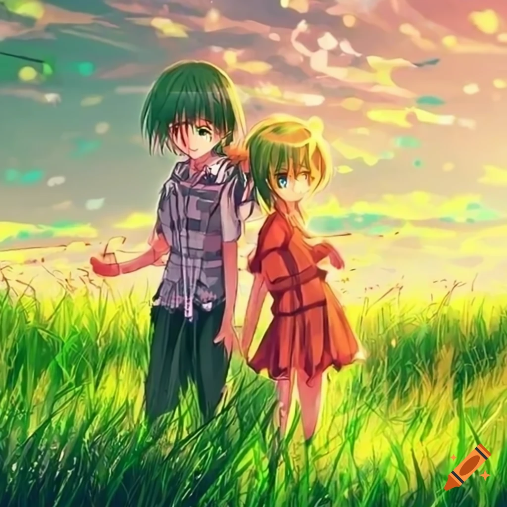 Anime boy and girl in a grassy field on Craiyon