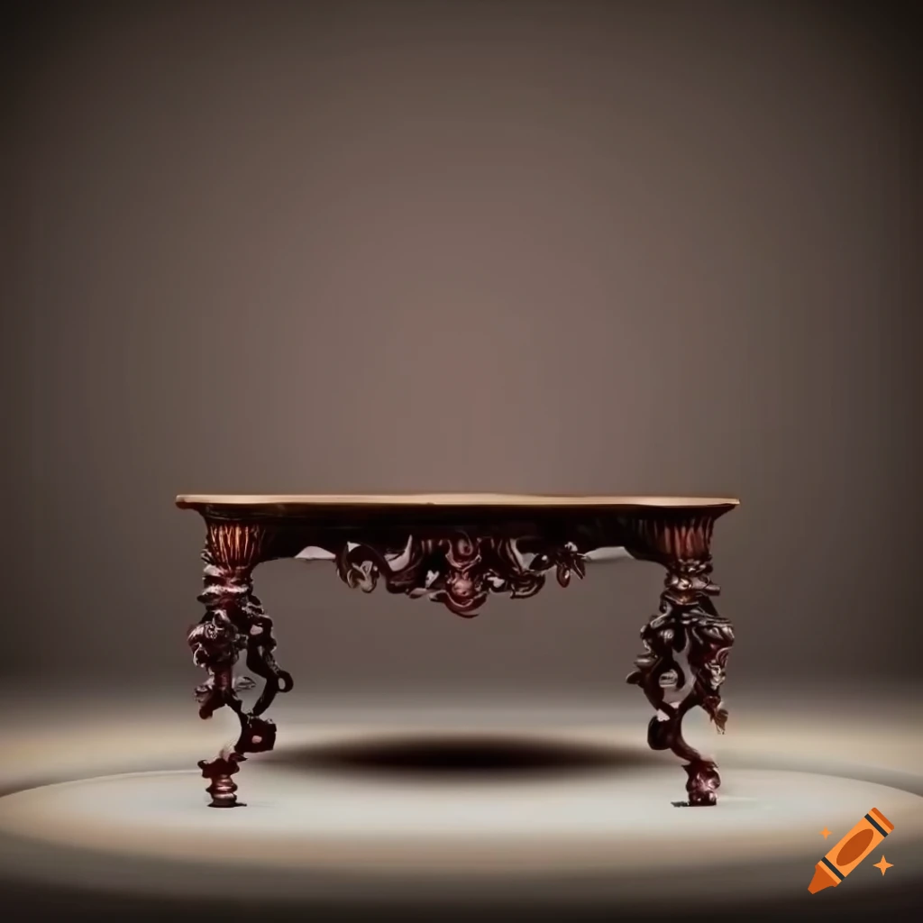 Frontal view of a detailed and elegant antique table with intricate ...