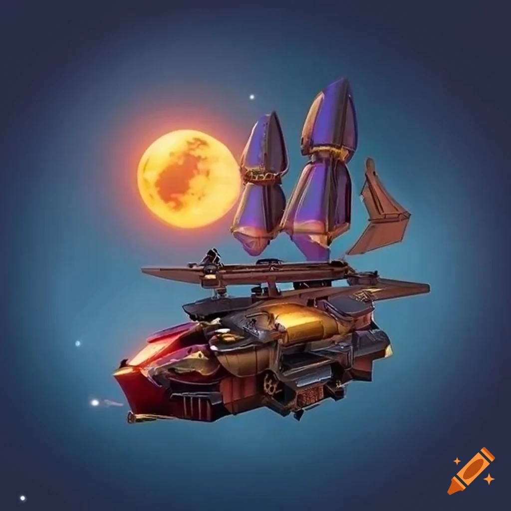 Detailed solar punk ship flying vessel with rocket engines, stars, and ...