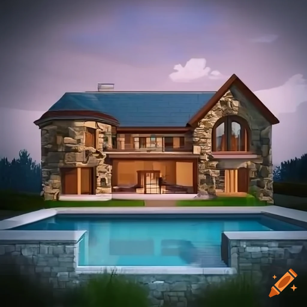 Line drawing of a stone house with an infinity pool on Craiyon