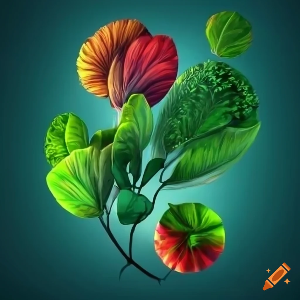 Realistic drawing of colorful and intricate plant composition with 3d ...