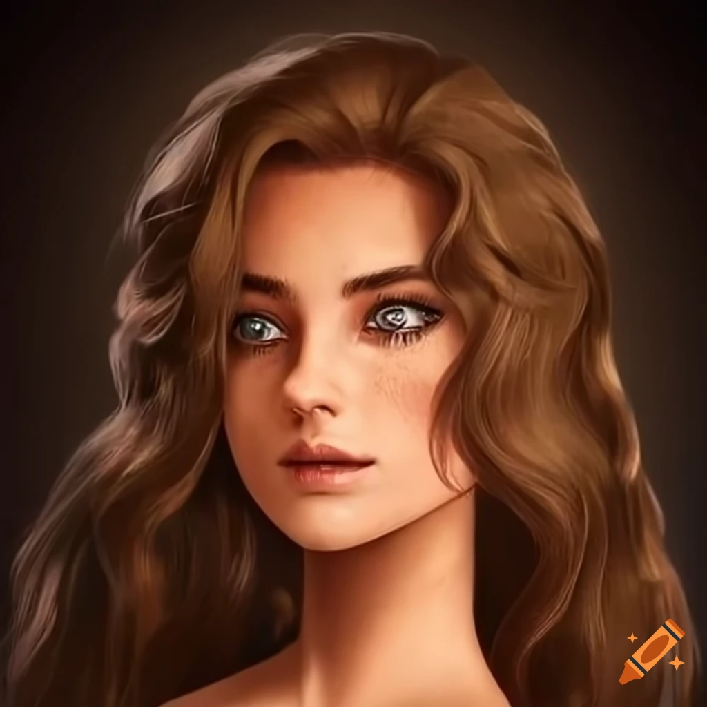 Woman with long chestnut hair and captivating gray-green eyes on Craiyon