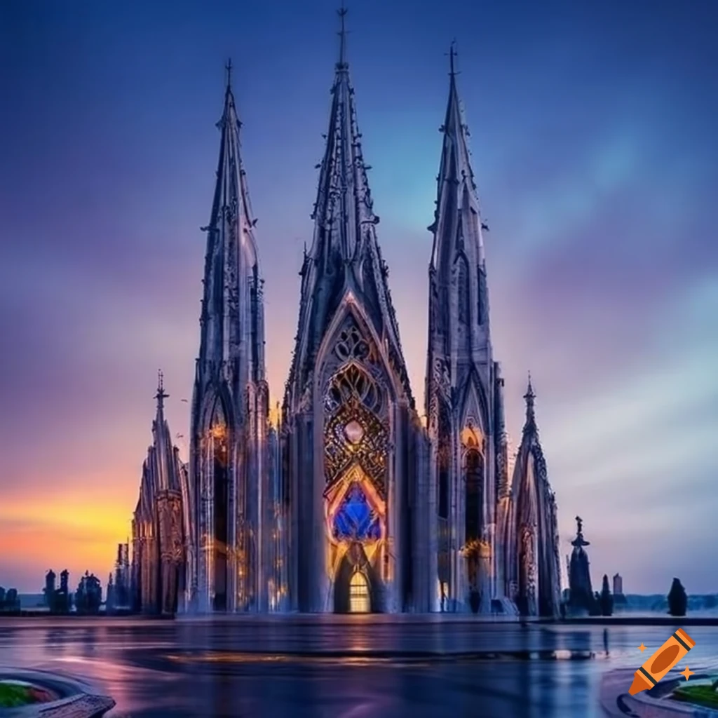 Futuristic gothic-style church with shimmering crystals at sunset on ...