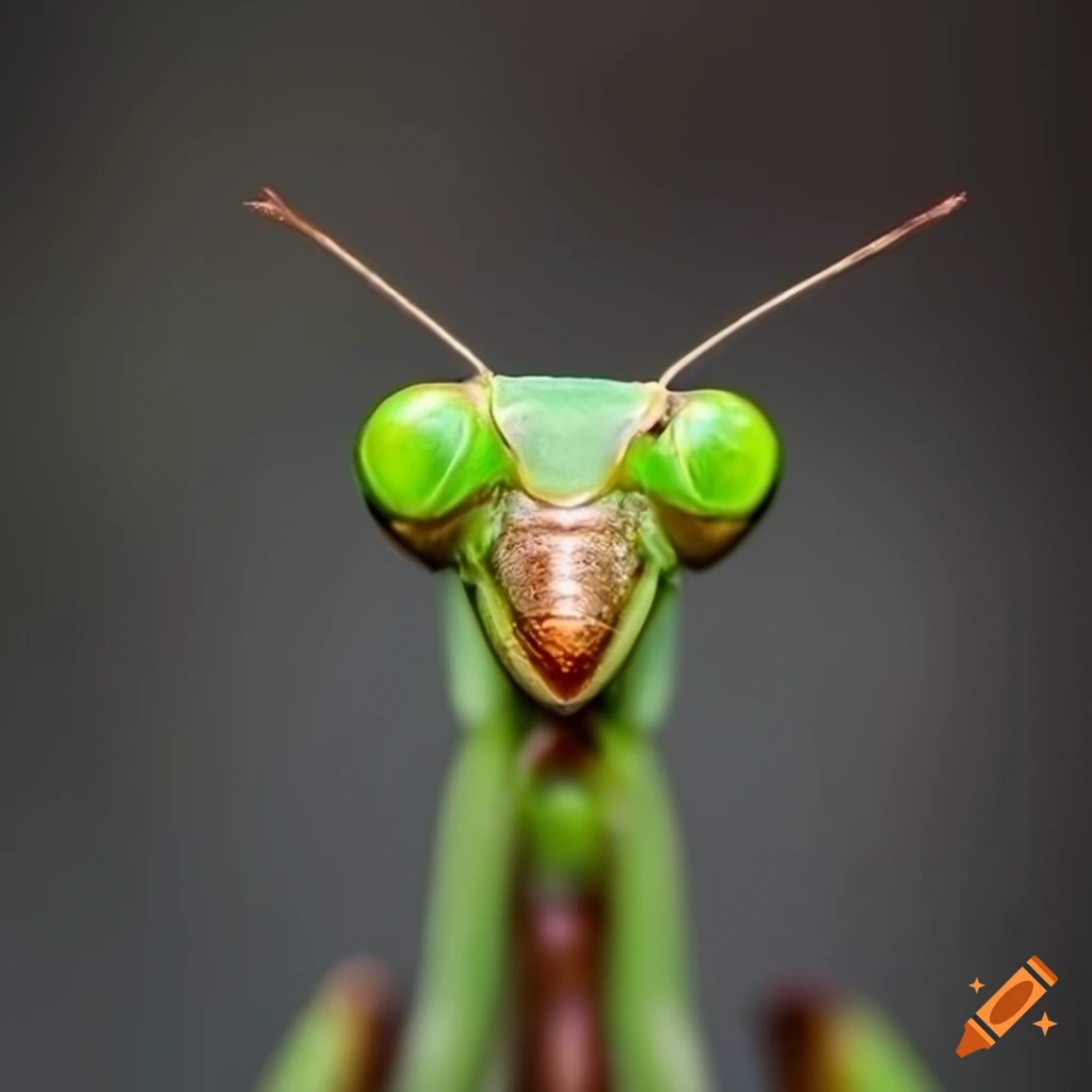 Close-up of a praying mantis face on grey backdrop in high definition ...