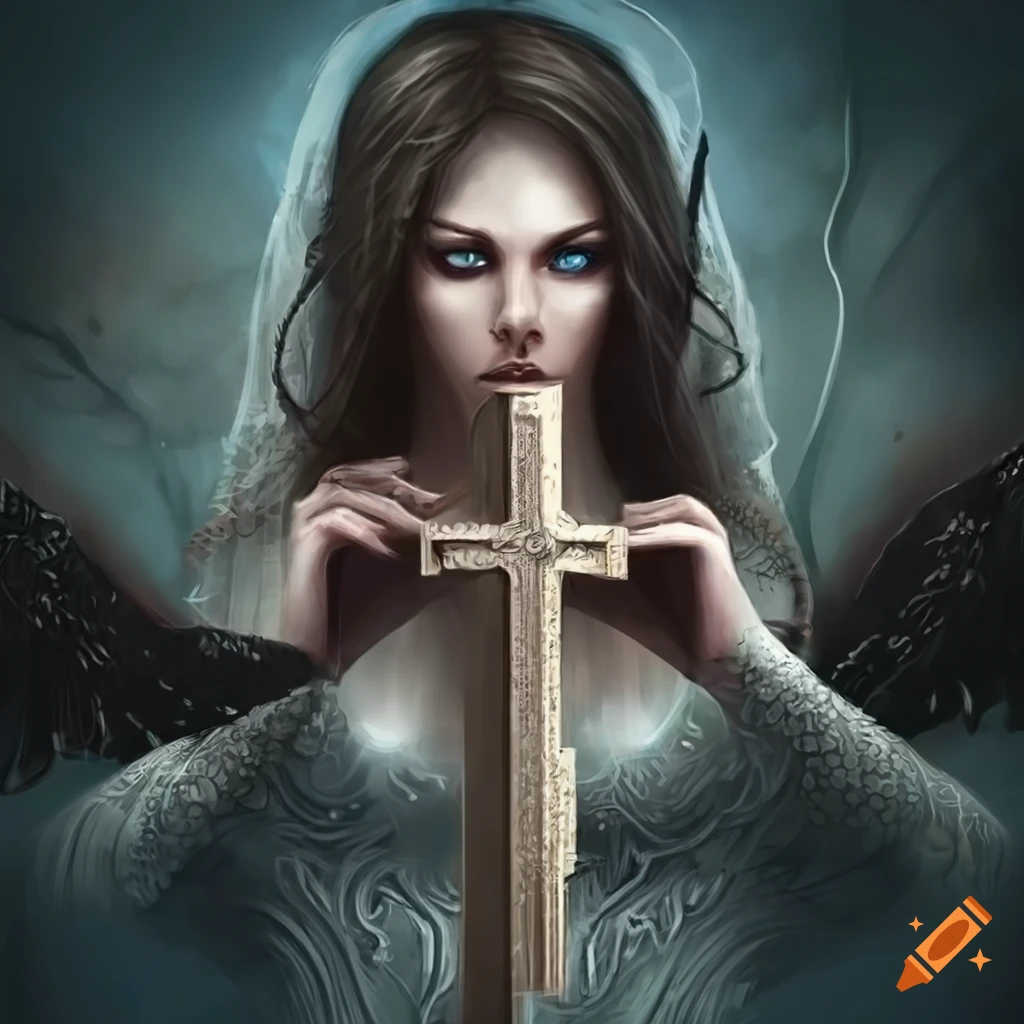 Woman's hands holding an engraved cross in a fantasy art setting on Craiyon