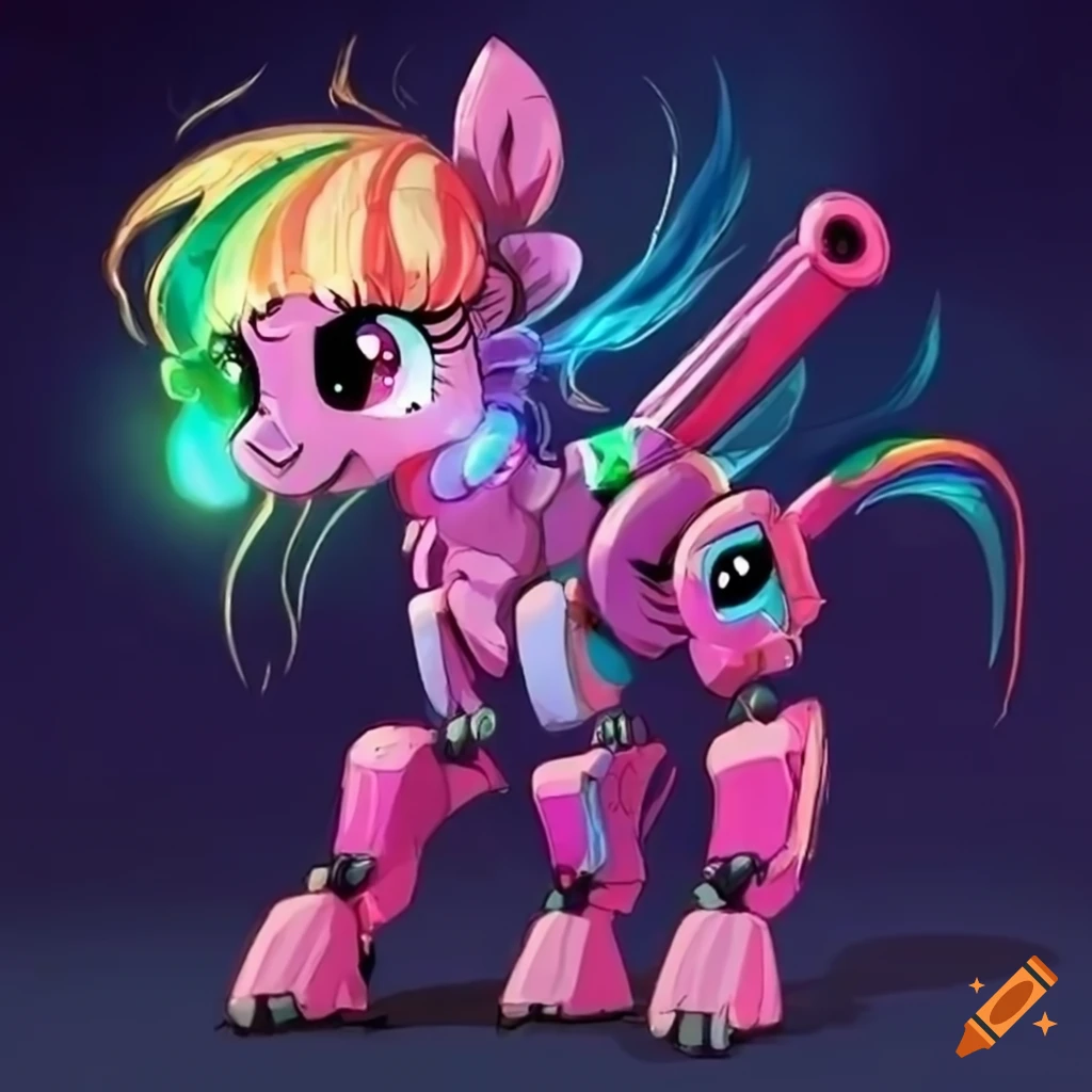 Colorful and detailed artwork of a cute my little pony mech on Craiyon