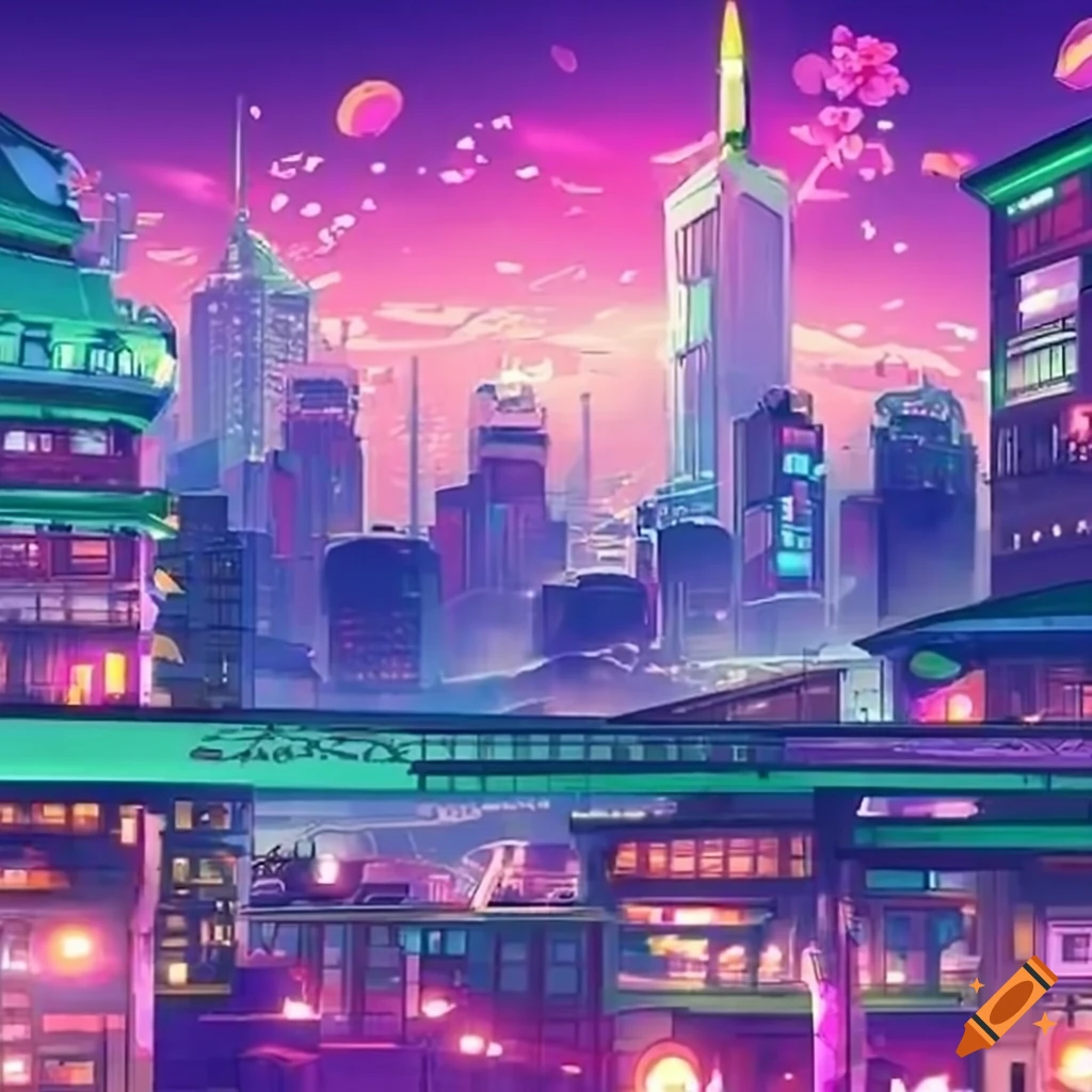 Vibrant anime cityscape blending futuristic technology with traditional ...