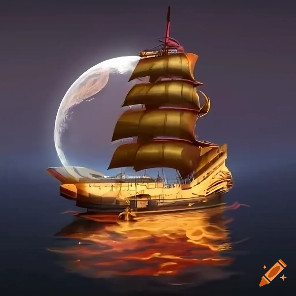 Detailed solar punk ship with rocket engines sailing by stars and ...