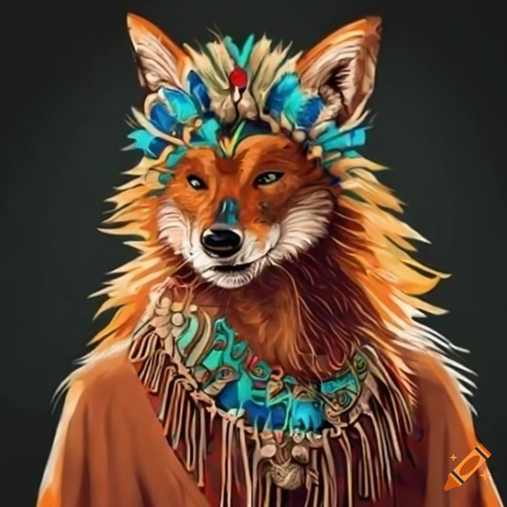 Coyote in traditional aztec clothing with intricate details on Craiyon