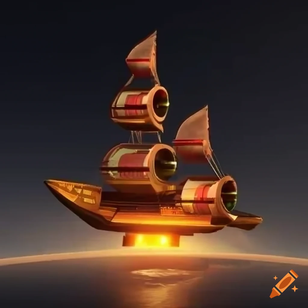 Detailed solar punk sailing vessel with rocket engines flying by stars ...