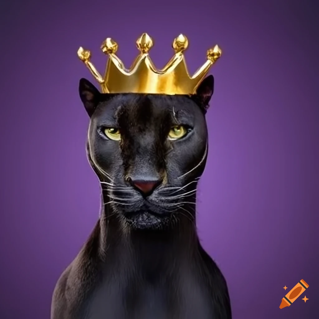 Black panther with gold crown on a purple backdrop on Craiyon