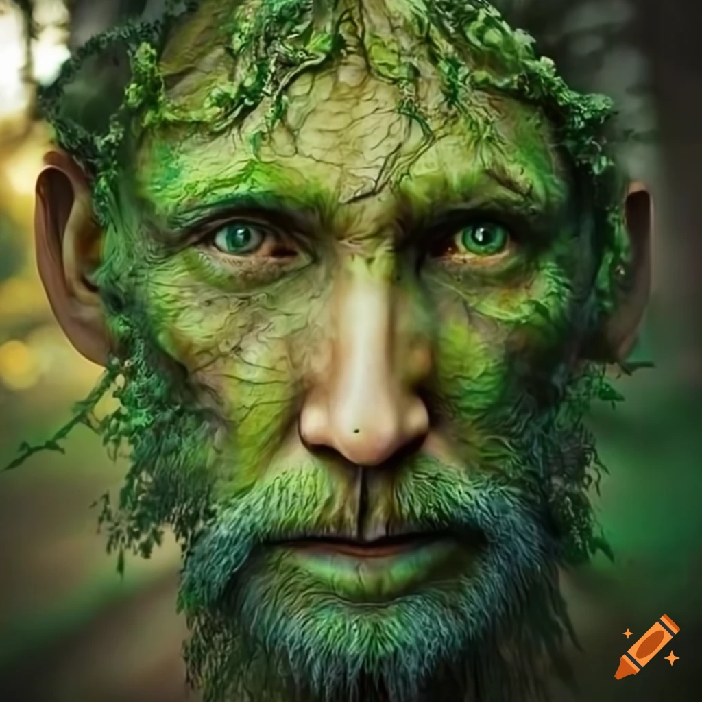 Hyper-realistic photo portrait of the mythical green man in the woods ...
