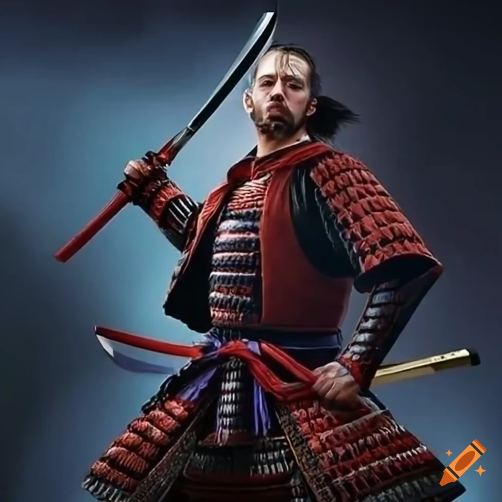 Samurai in a dark room sitting with head in hands, scars on eyes, blind ...