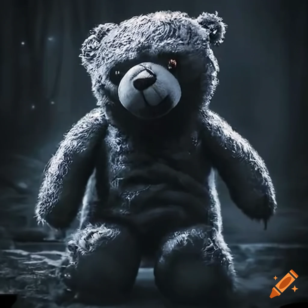 Creepy black teddy bear inside a mansion at night in horror movie style ...