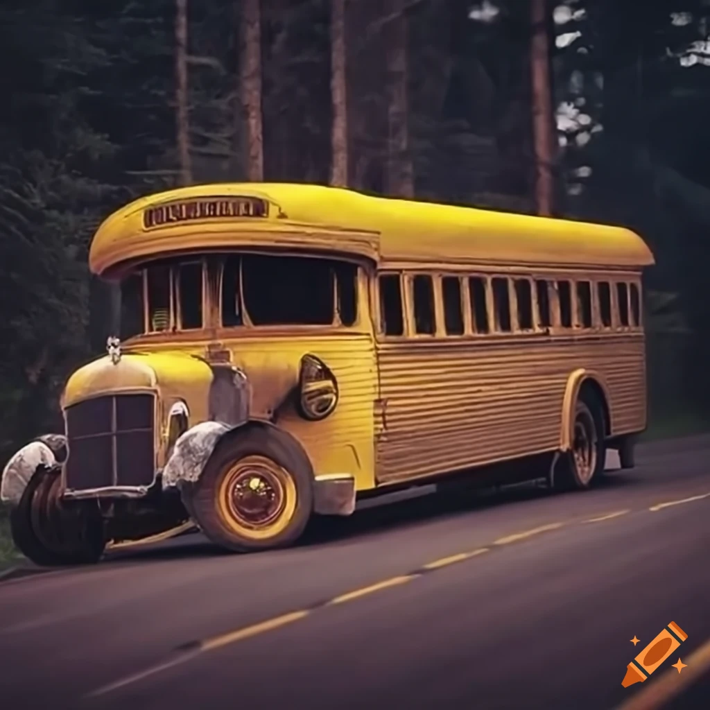 Creepy evening view of a yellow bus on a road next to a wood in 1930 on ...