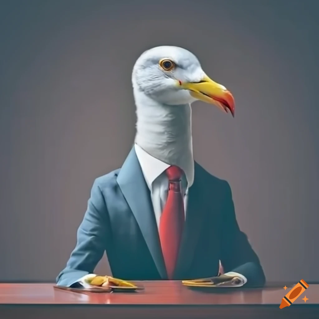 Seagull in a business suit sitting at a desk on Craiyon