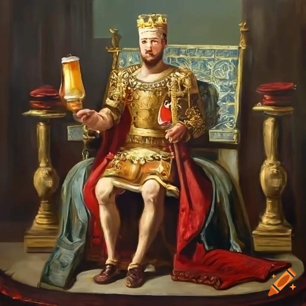 King seated on throne with beer in each hand on Craiyon