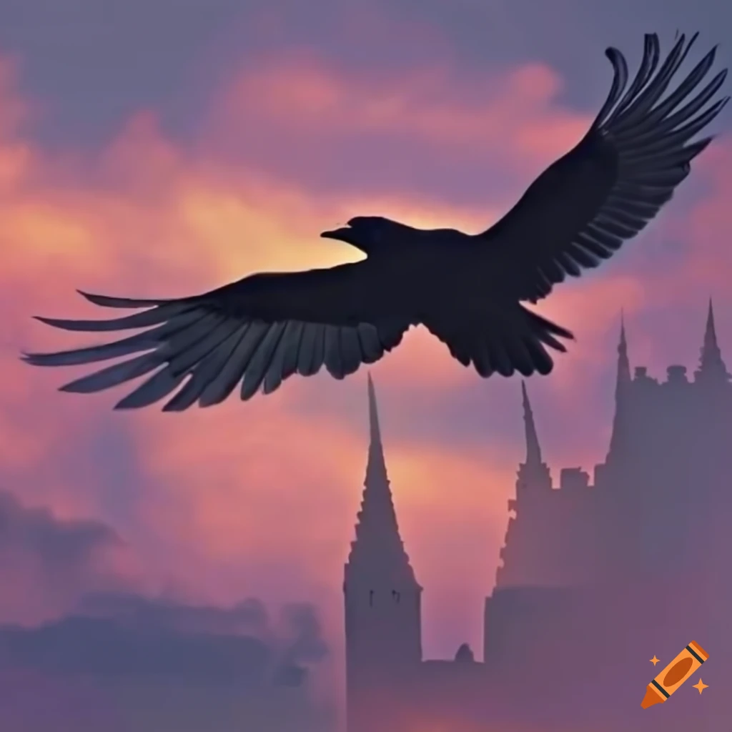 Raven flying by gothic castle against sunset sky on Craiyon