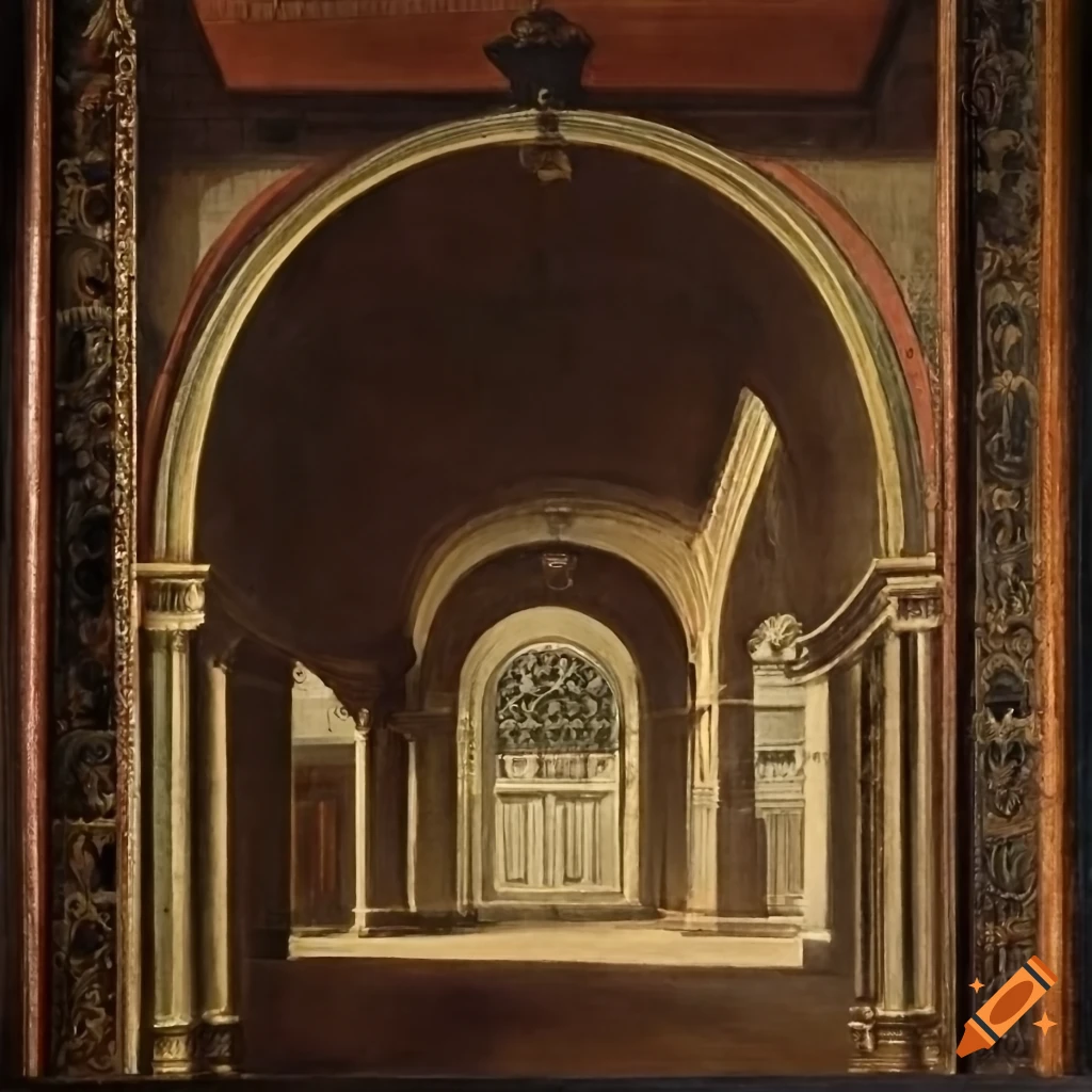 Renaissance oil painting of a long hall with ancient inscriptions on ...
