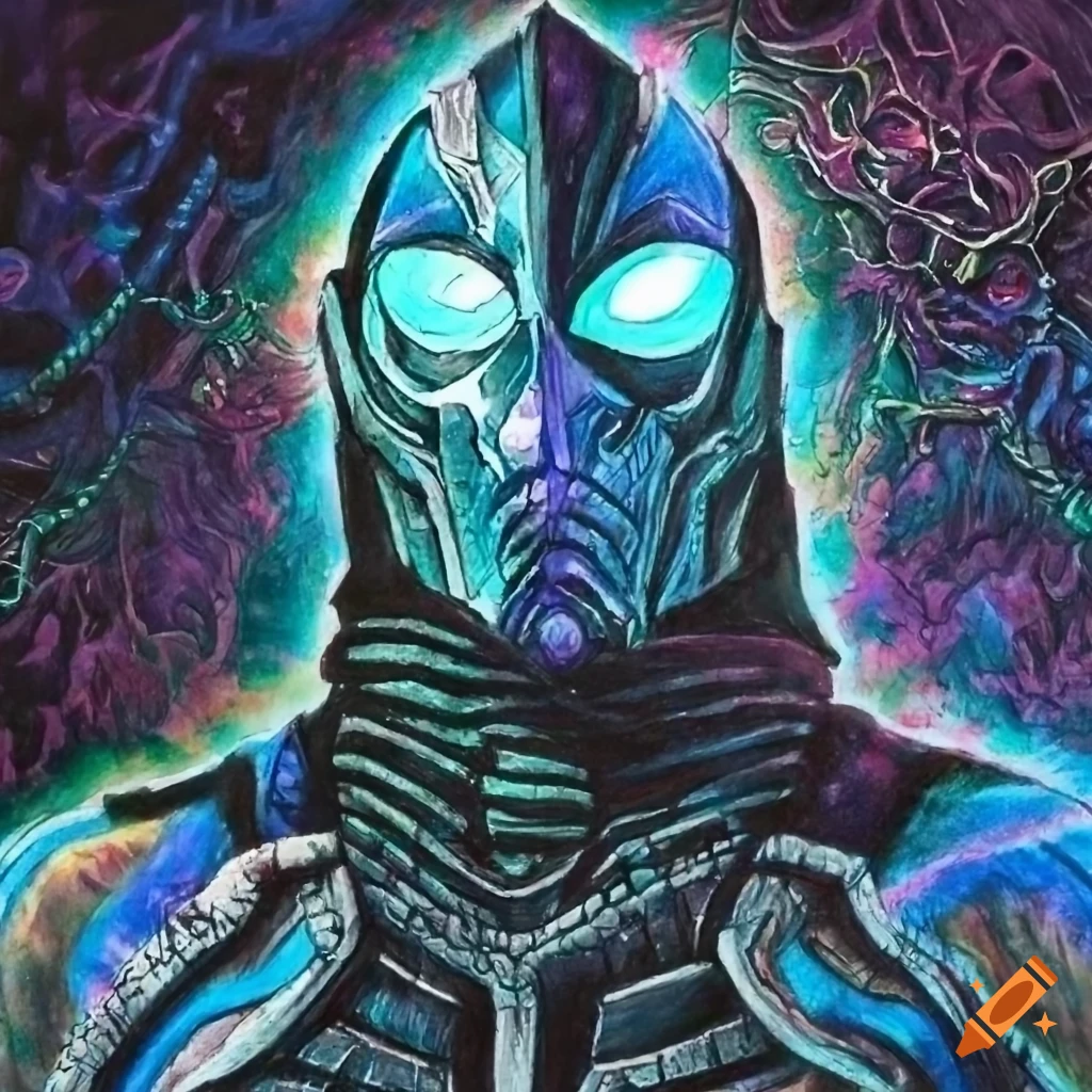 Blacklight and colored pencil art of sub-zero and ultraman on Craiyon