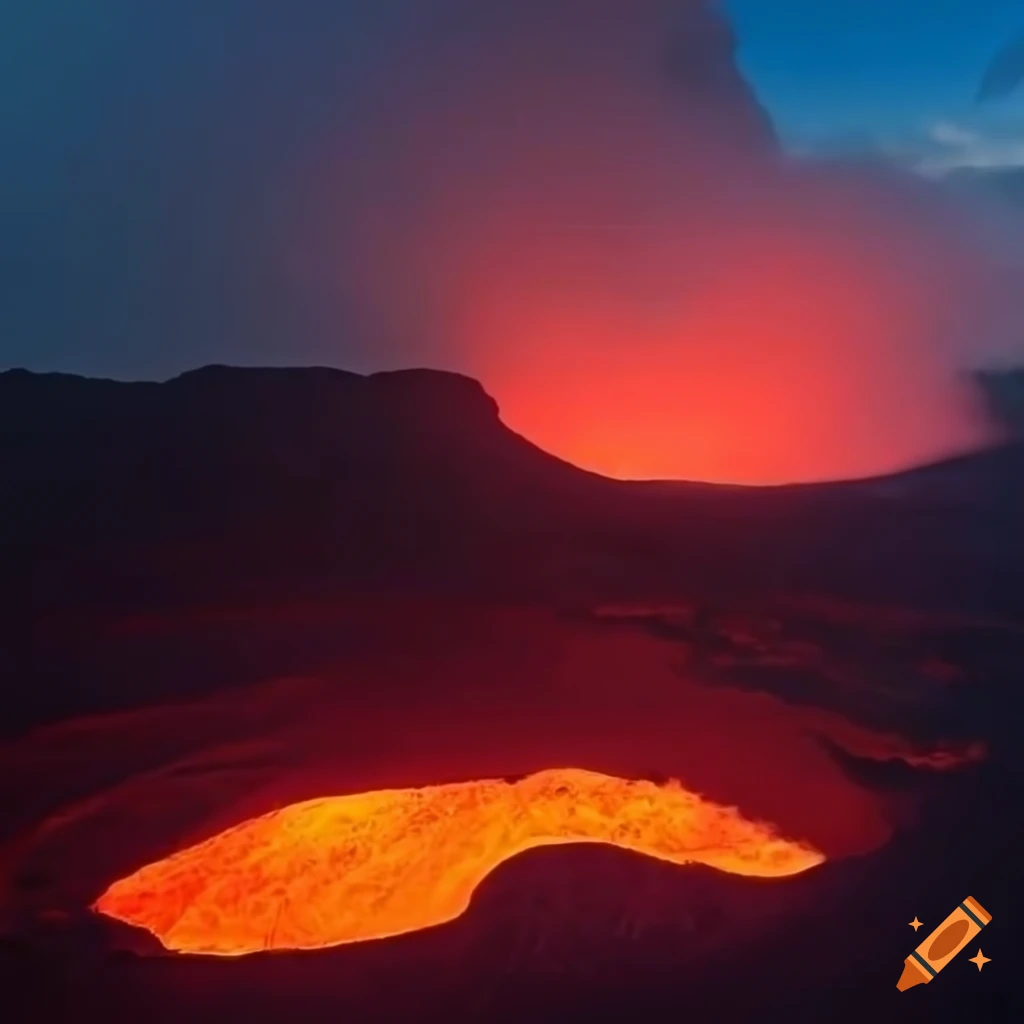 Aerial view of an active volcano caldera filled with lava on Craiyon