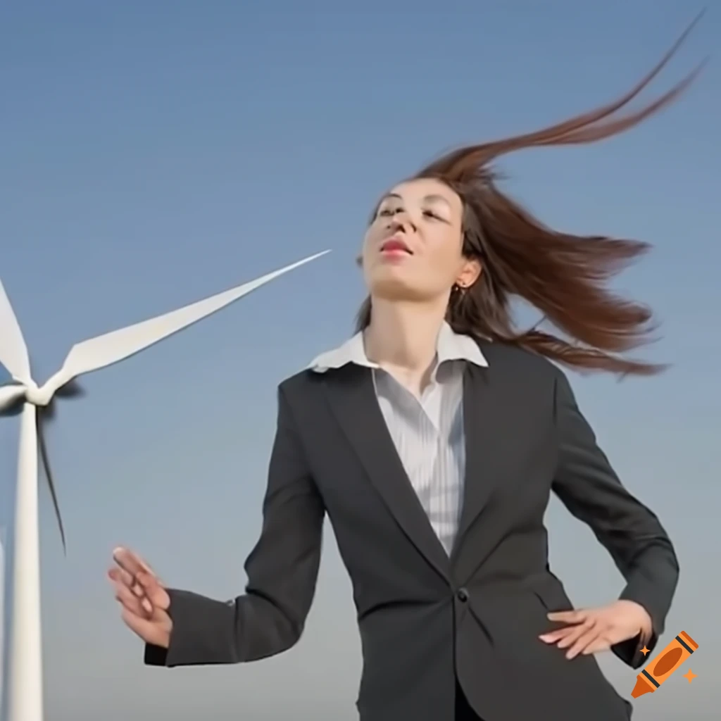Woman in business attire battling against a wind turbine on Craiyon