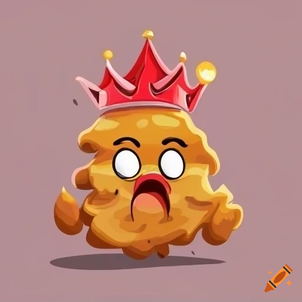 Cartoon chicken nugget with a cute face and a hovering crown on Craiyon