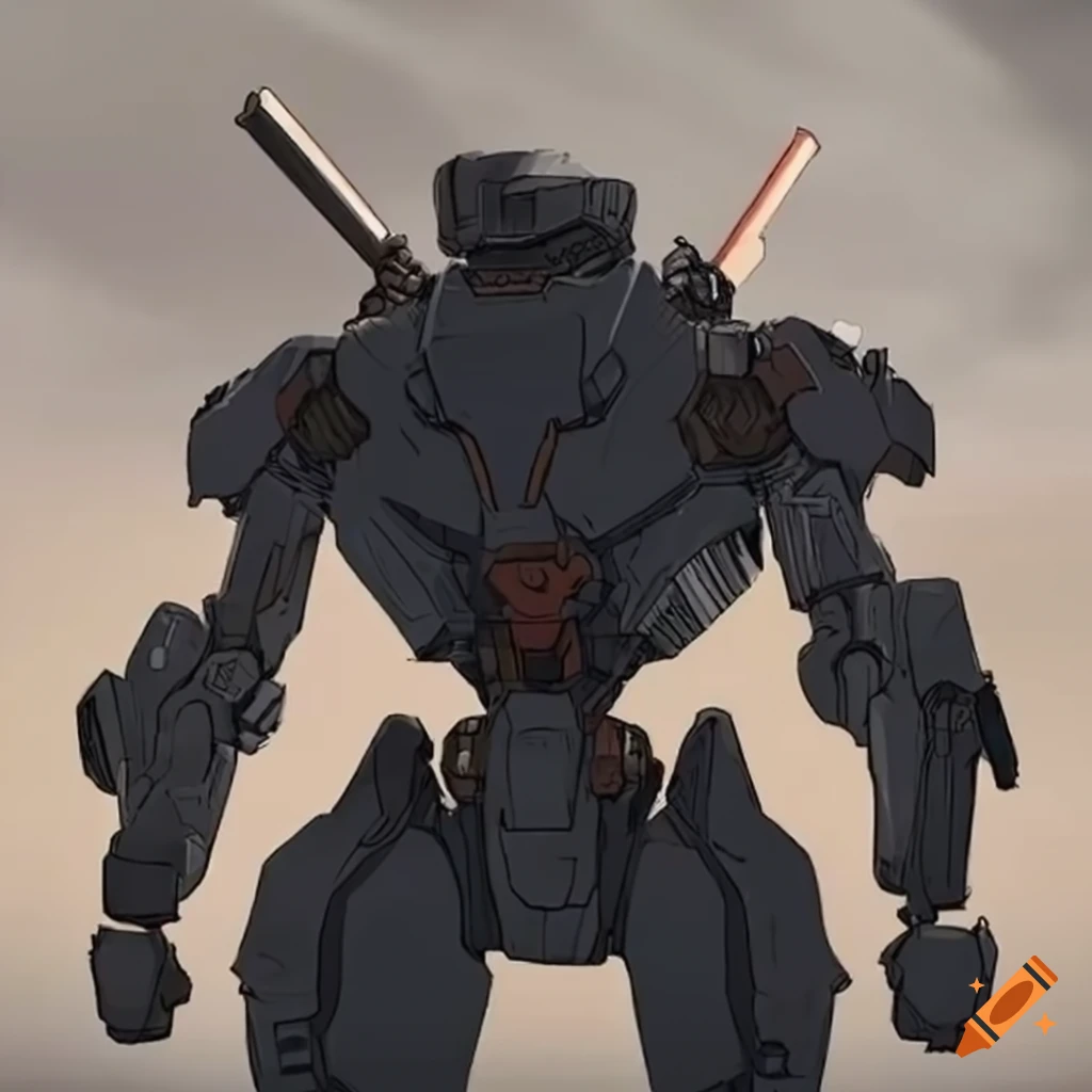 Sleek and powerful mech suit with athletic lead gearing up for action ...