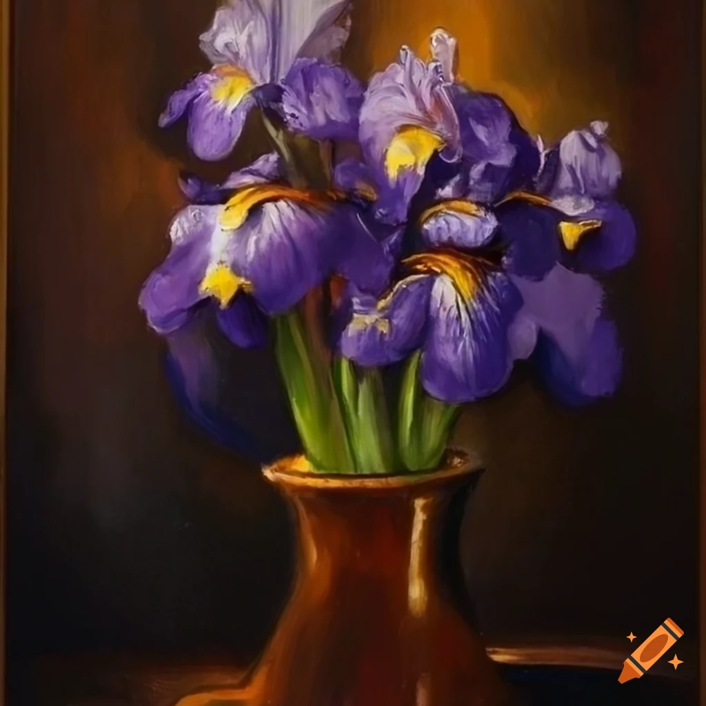 Irises original oil painting still life on Craiyon