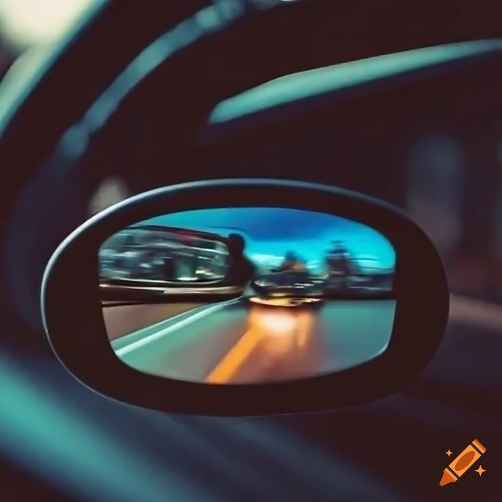 Driving in a porsche in the city with a rear view mirror on Craiyon