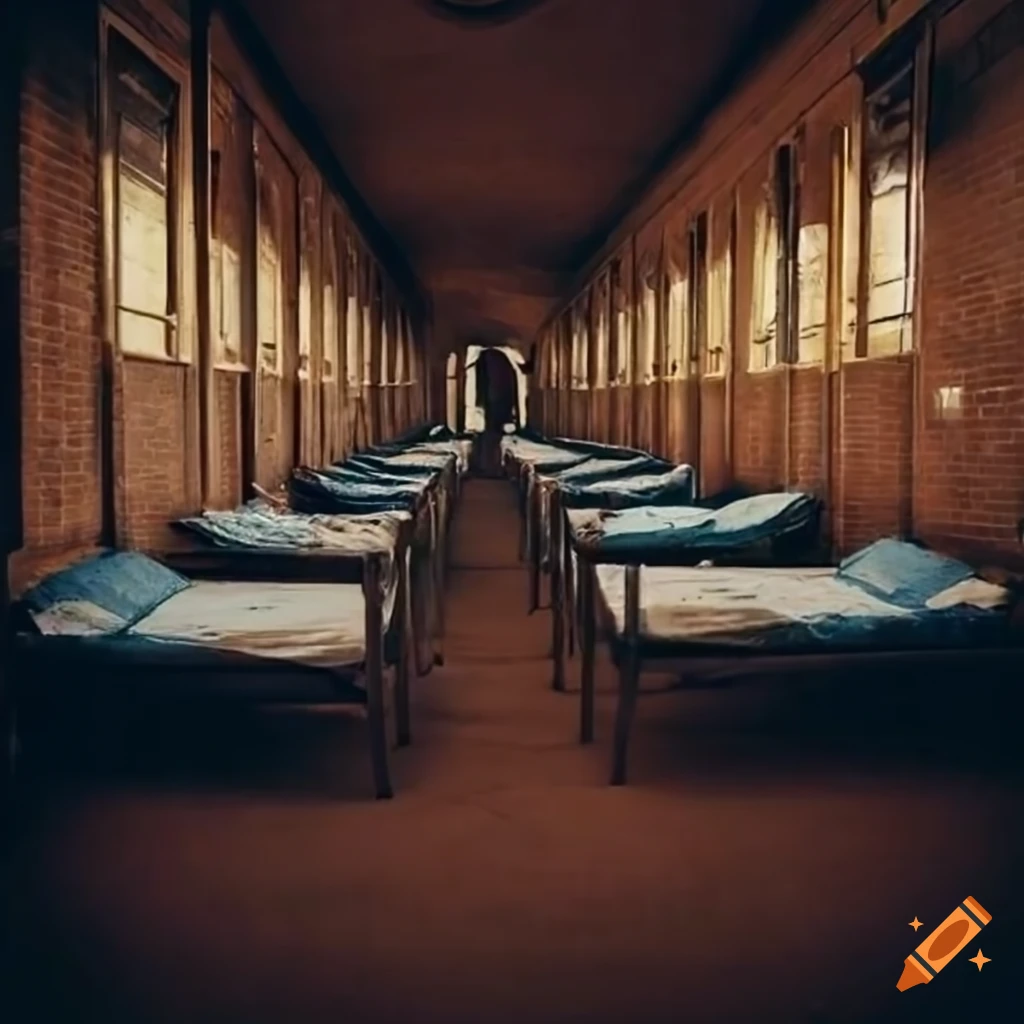 Victorian barrack hospital ward with rows of unsanitary beds in 1800s ...
