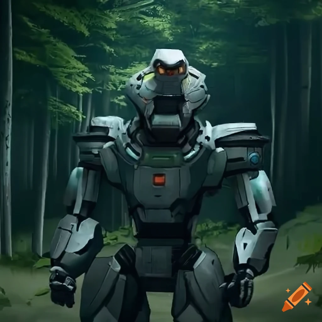 Sleek and powerful mech in a forest with athletic lead suit, from ...