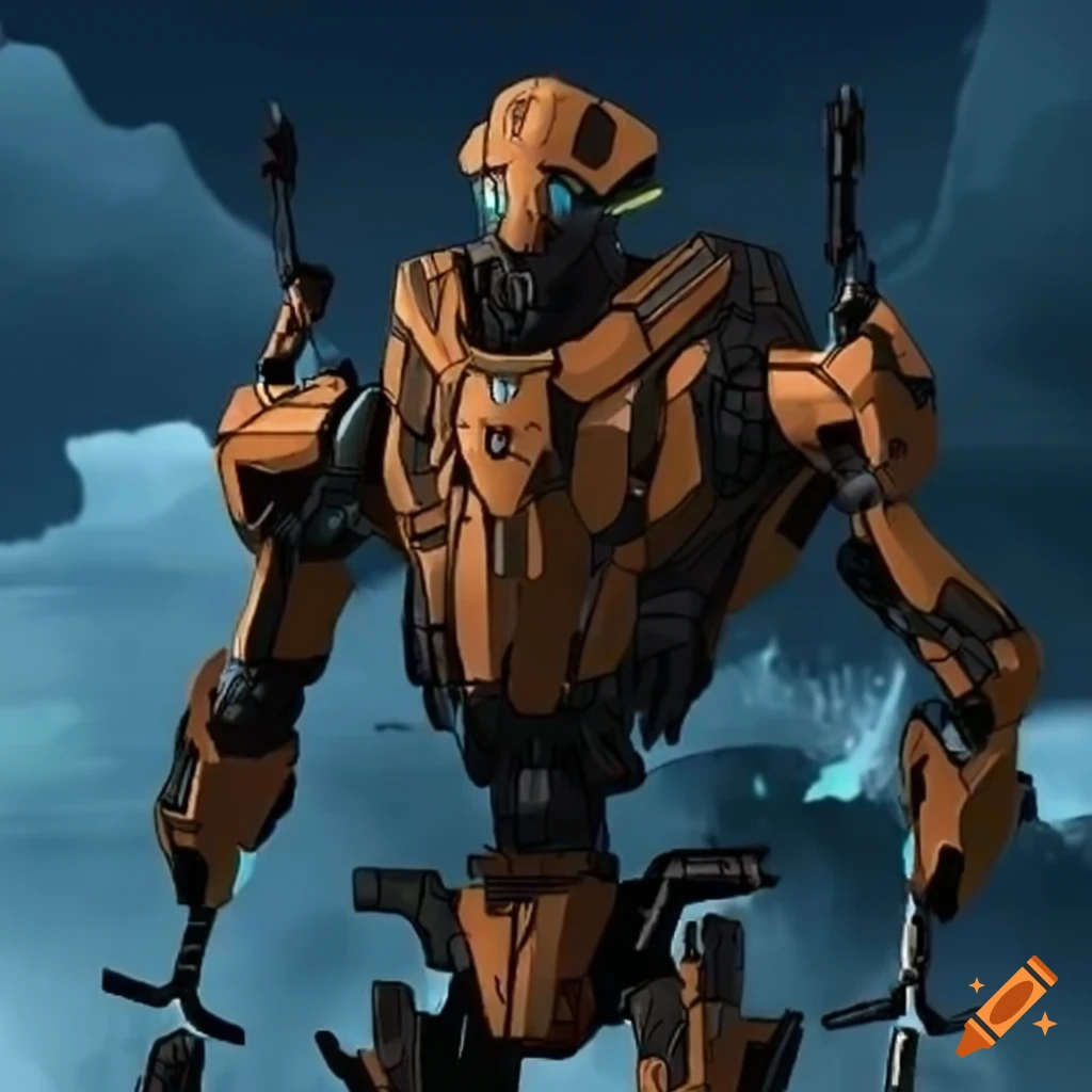 Sleek and powerful mech suit with athletic lead gearing up for action ...