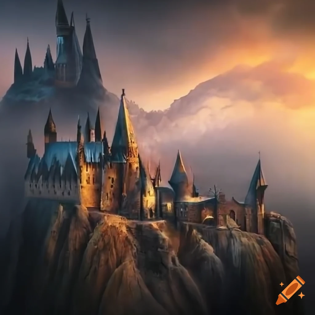 Realistic landscape with hogwarts in the background on Craiyon