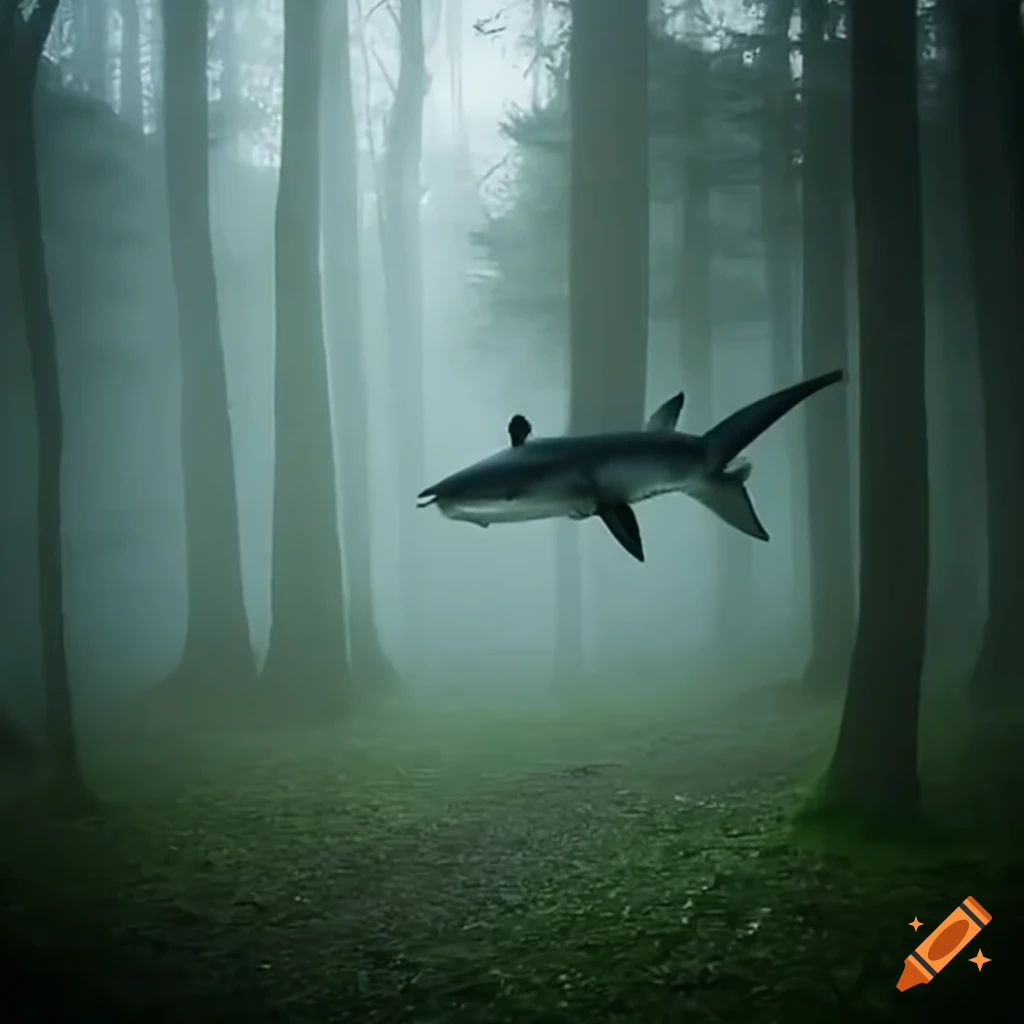 Shark hovering in a misty forest on Craiyon