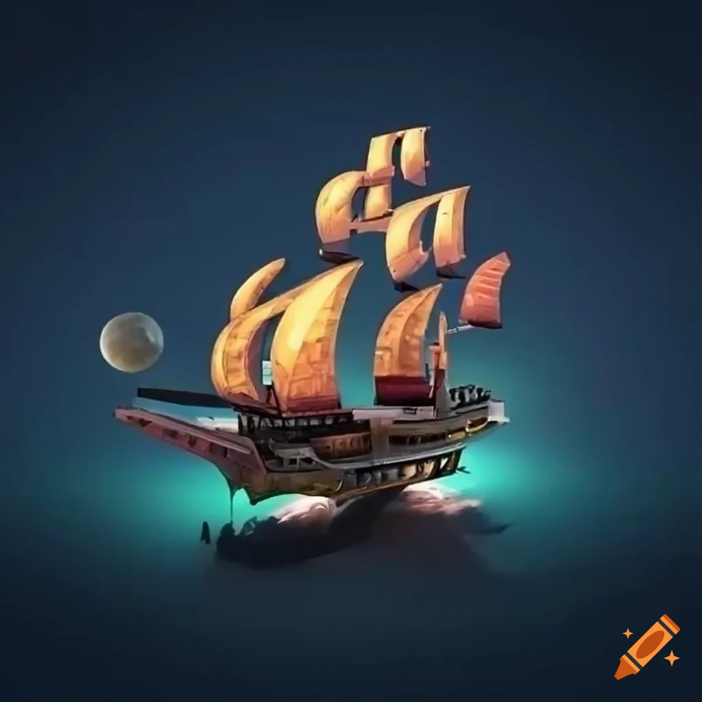 Solar punk ship sailing by stars, planet, and moon in a detailed ...