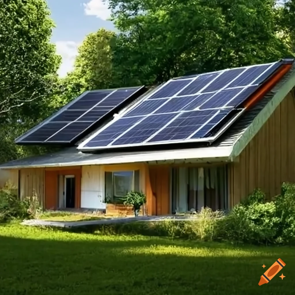 Solar panels installed on a house surrounded by trees on Craiyon