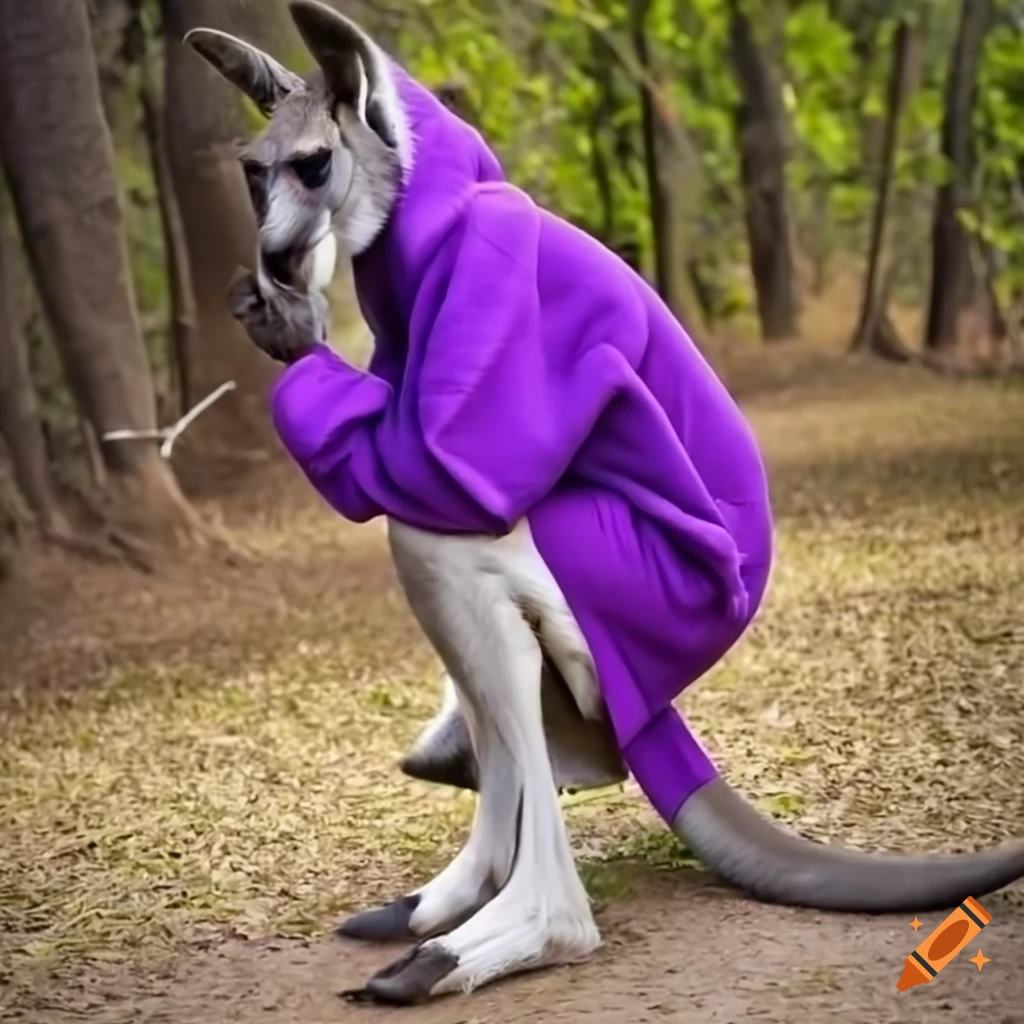 Kangaroo in a purple hoodie with blonde wig and sneakers on Craiyon